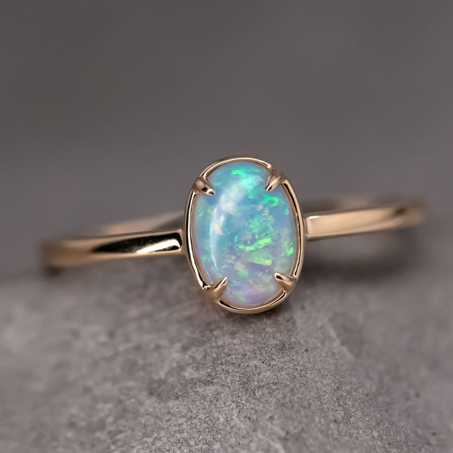 Minimal Style Oval Australian Solid Opal Ring 18k Gold Band | The Wind