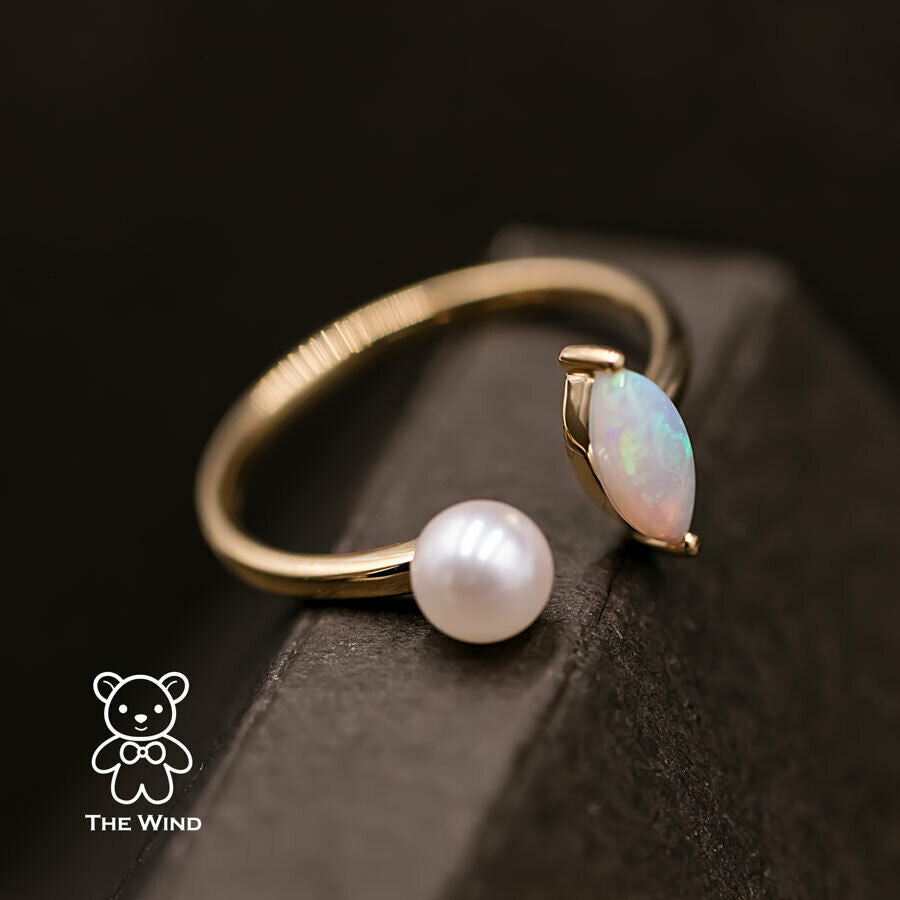 Australian Solid Opal Akoya Pearl Ring Adjustable 18K YG | The Wind