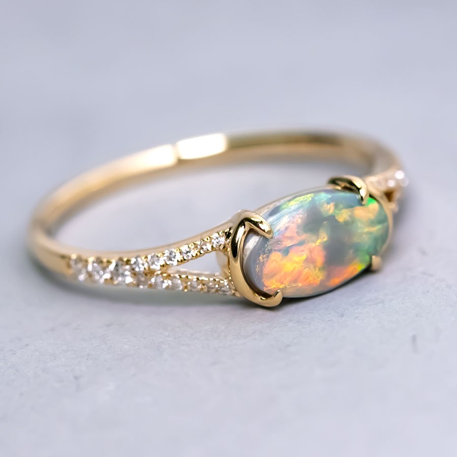 Black Opal Split Shank Engagement Ring Pave Setting 18K Yellow Gold ...