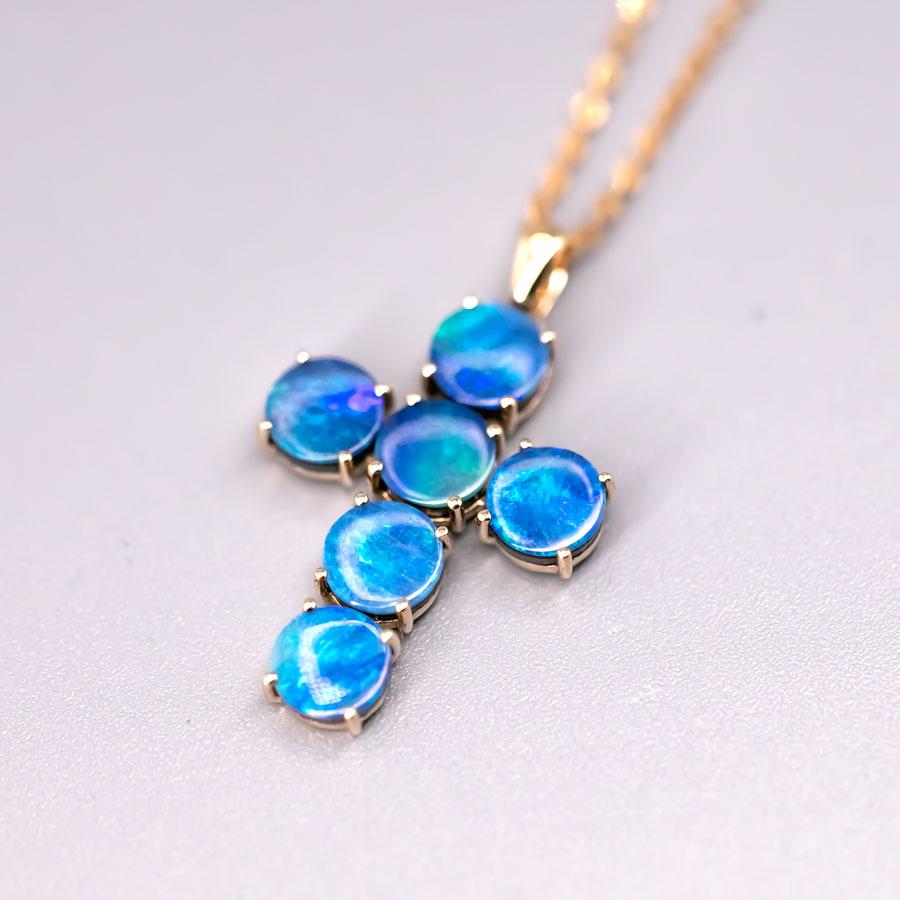 Cross Pendant Australian Doublet Opal Necklace 14K Gold | The Wind