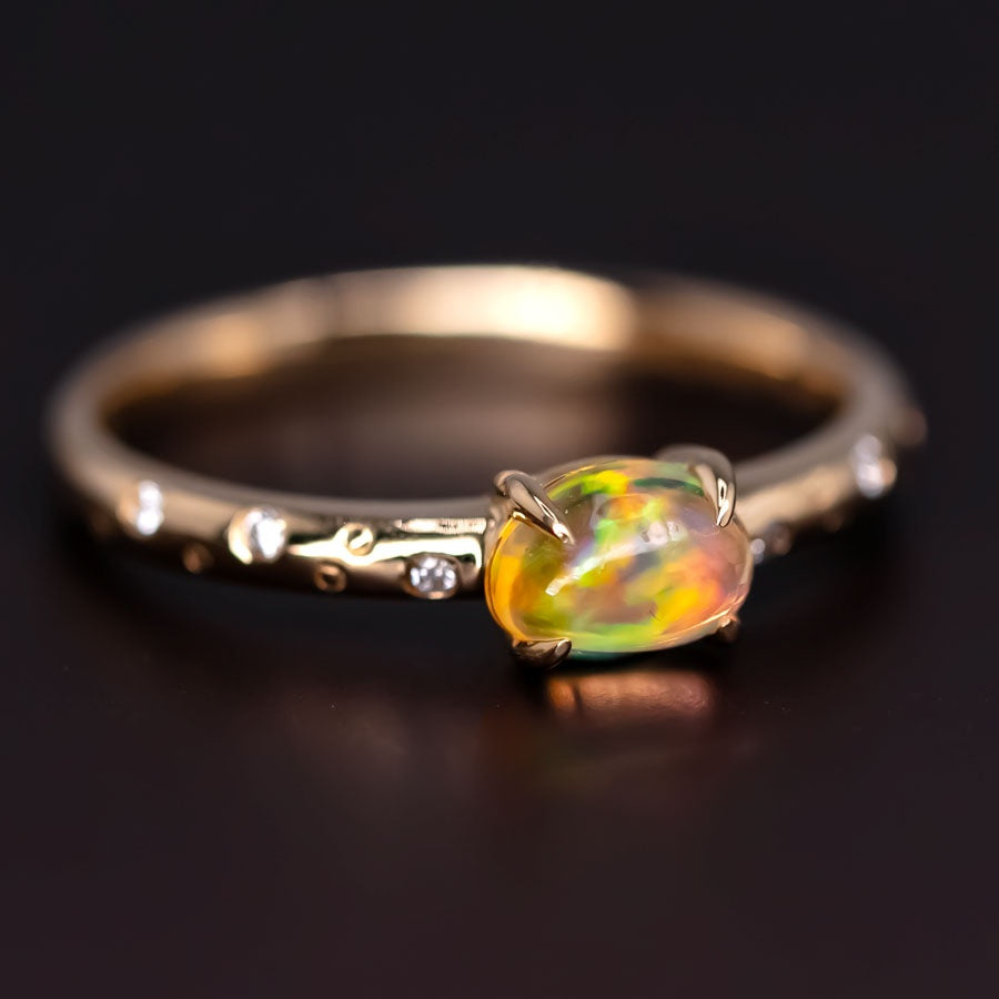 18K Yellow Gold Mexican Fire Opal Engagement Ring Diamonds| The Wind