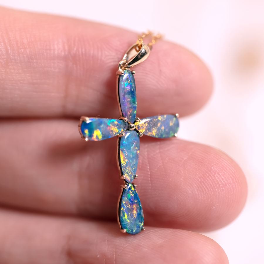 Free Shaped Doublet Opal Cross Pendant Necklace 14K Yellow Gold – The Wind