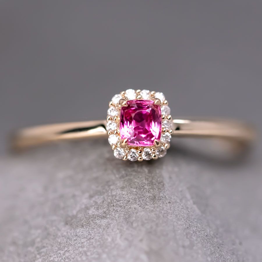 Hot Pink Spinel & Diamond Halo Ring in 18K Yellow Gold | The Wind Opal