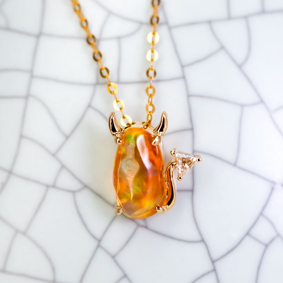 I Love You Little Devil - Fire Opal Diamond Pendant Necklace 18K Gold ...