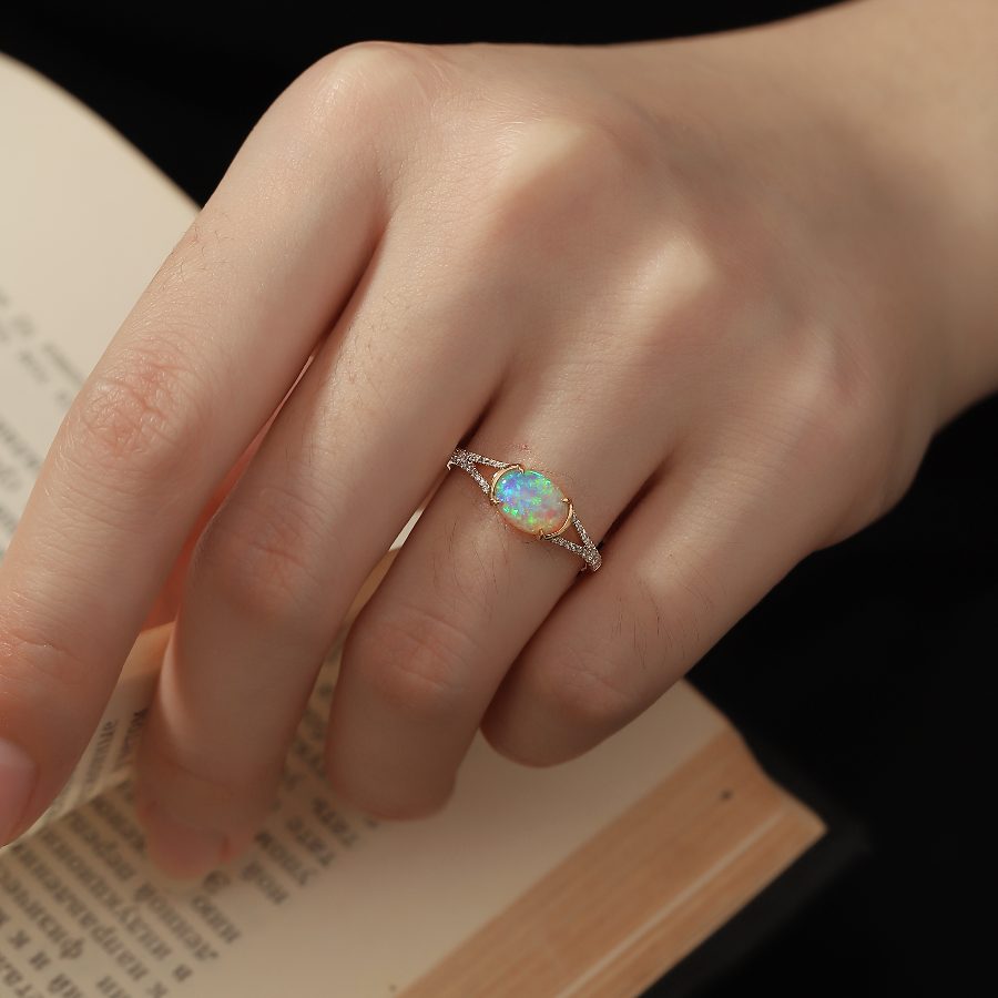 Opal Split Shank Engagement Ring Pave Setting 18K Gold | The Wind
