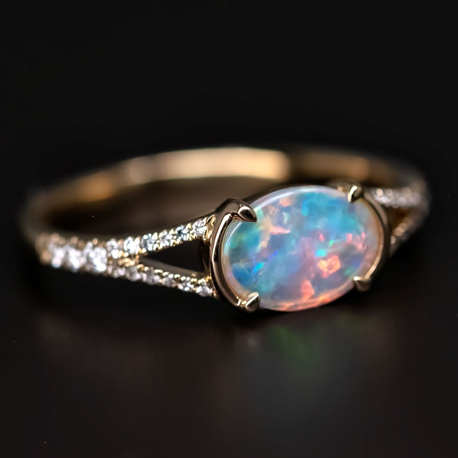 Opal Split Shank Engagement Ring Pave Setting 18K Gold | The Wind