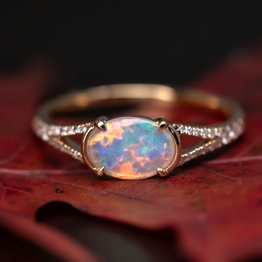 Opal Split Shank Engagement Ring Pave Setting 18K Gold | The Wind