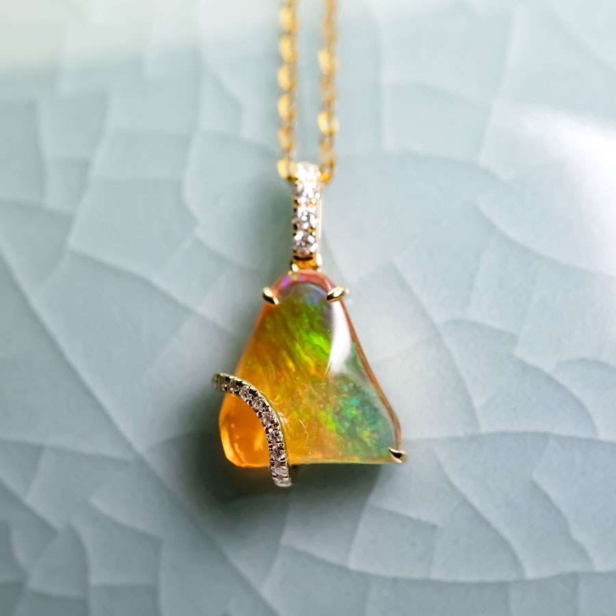 Triangle Fire Opal 18K Yellow Gold Necklace with Diamond | The Wind