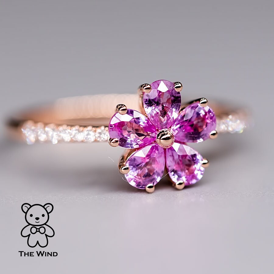 Pink Sapphire Diamond Sakura Blossom Flower Engagement Ring| The Wind